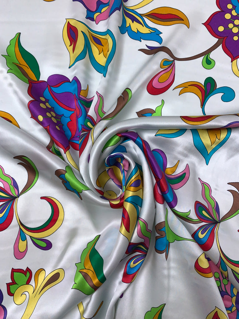 Oriental Floral Printed Silk Charmeuse - Ice/Multicolor | FABRICS ...