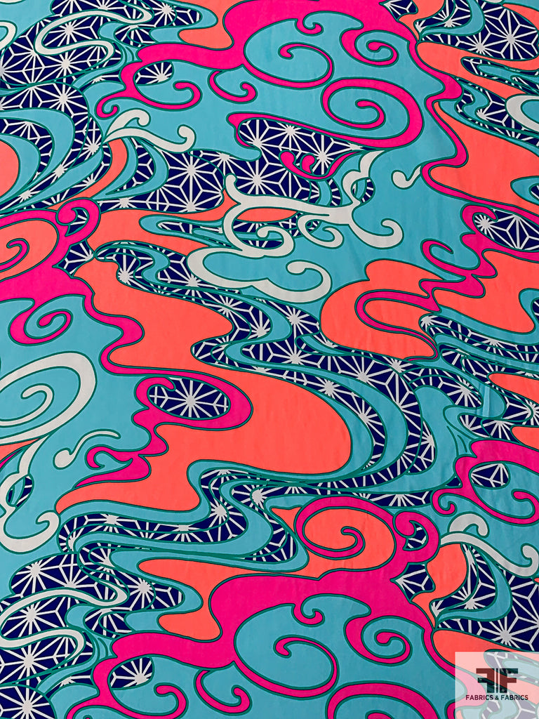 Groovy Graphic Matte-Side Printed Silk Charmeuse - Aqua/Blue/Neon Coral ...