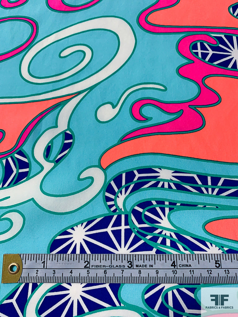 Groovy Graphic Matte-Side Printed Silk Charmeuse - Aqua/Blue/Neon Coral ...
