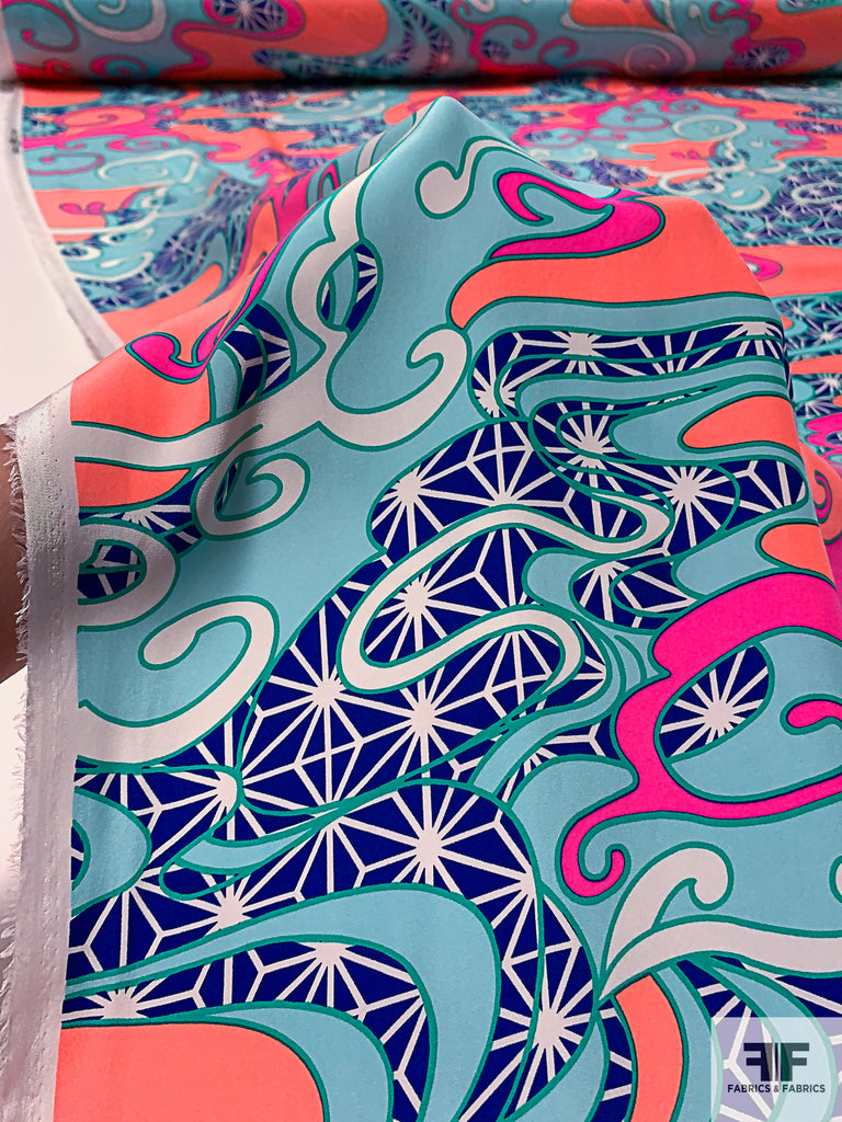 Groovy Graphic Matte-Side Printed Silk Charmeuse - Aqua/Blue/Neon Coral ...