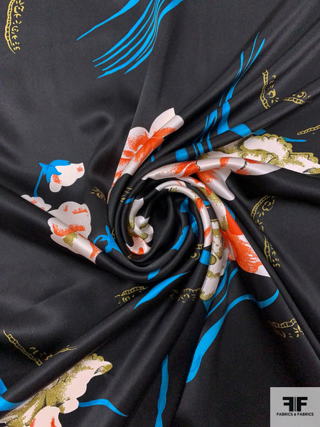 Foreign Floral Printed Silk Charmeuse - Blue/Orange/Oregano Green/Black ...