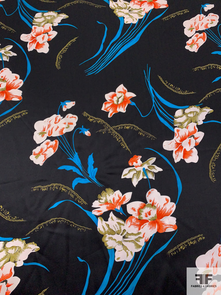Foreign Floral Printed Silk Charmeuse - Blue/Orange/Oregano Green/Black ...