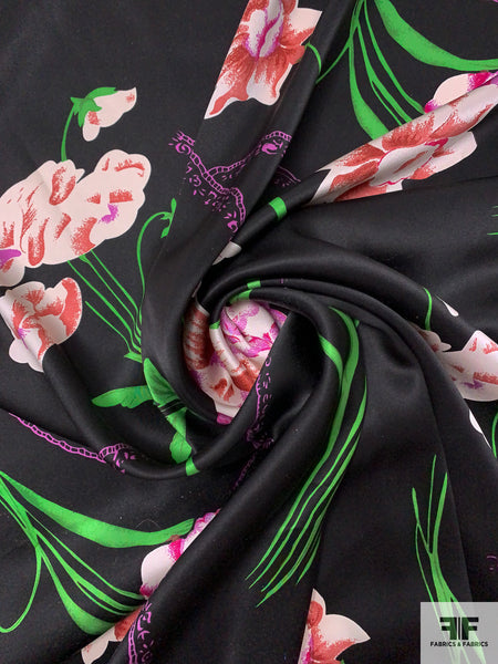 Foreign Floral Printed Silk Charmeuse - Green/Dusty Rose/Orchid Purple ...