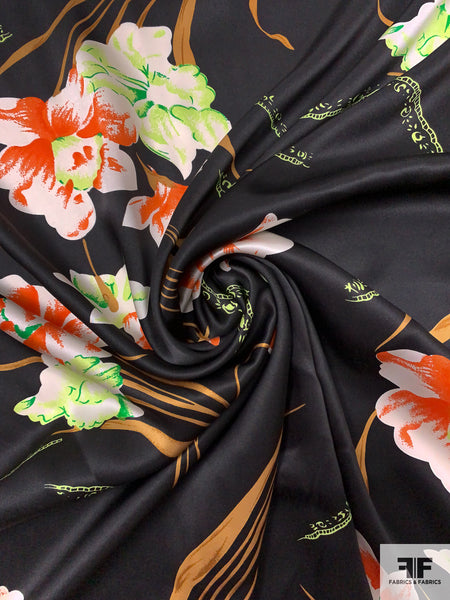 Foreign Floral Printed Silk Charmeuse - Orange/Greens/Caramel/Black ...