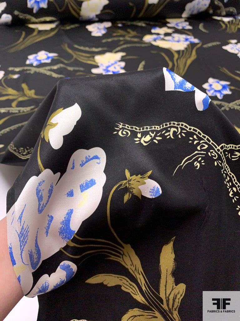 Foreign Floral Printed Silk Charmeuse - Blue/Oregano Green/Black/White ...
