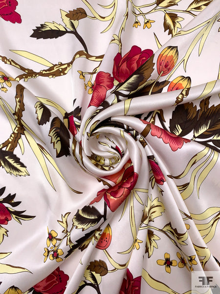 Floral Branches Printed Silk Charmeuse - Raspberry/Dusty Peach/Light ...