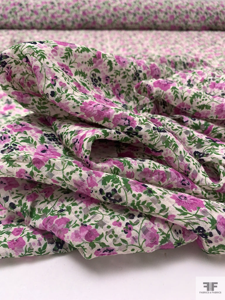 Italian Small Floral Printed Shadow Check Viscose Blend Voile - Orchid ...