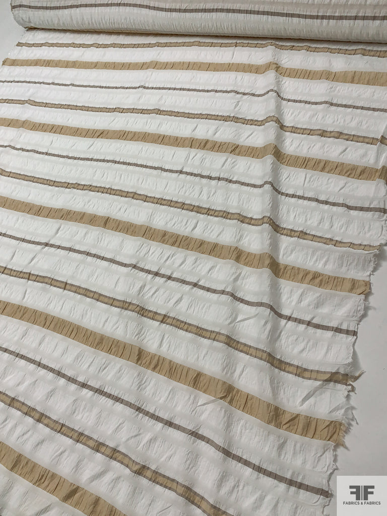 Horizontal Striped Crinkled Tencel Blend Voile - Off-White/Tan ...
