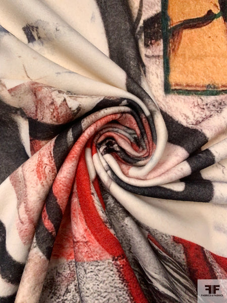 Italian Abstract Block Pattern Printed Felted Wool-Blend Panel - Red ...