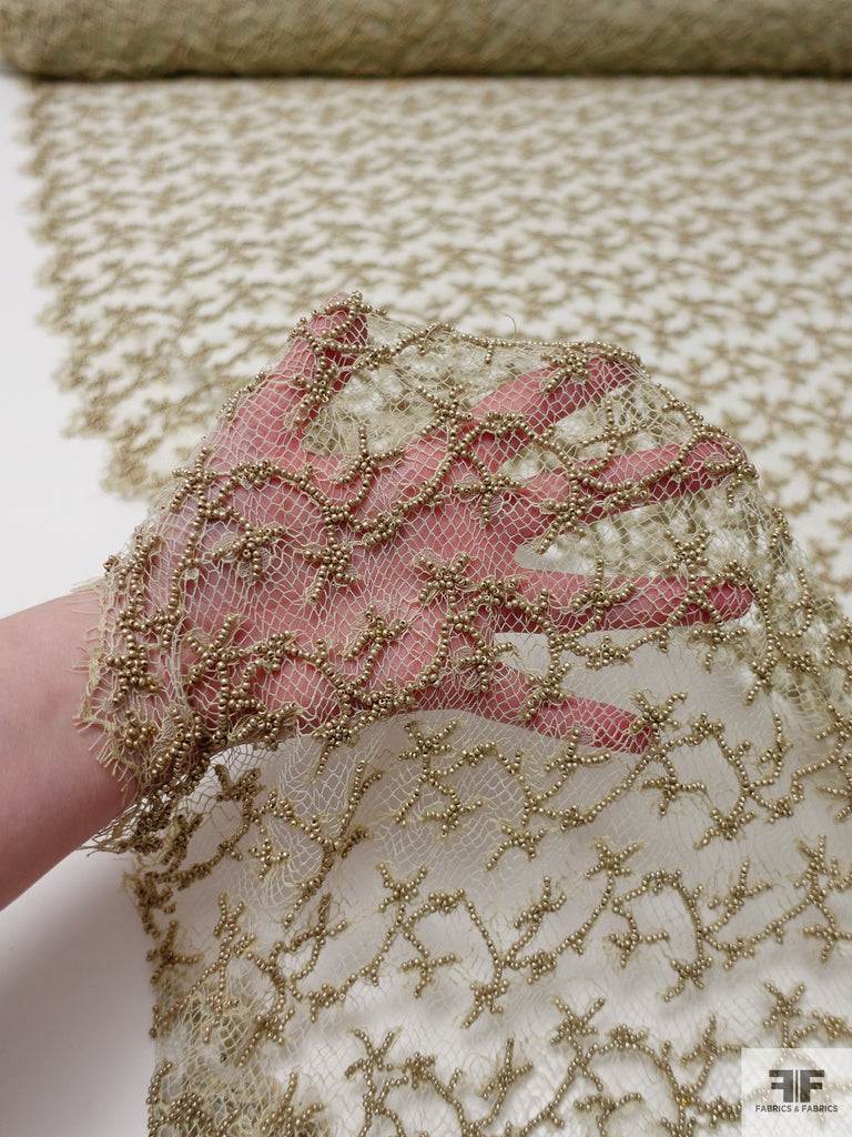 French Lace with Caviar Beading - Dusty Antique Gold | FABRICS ...