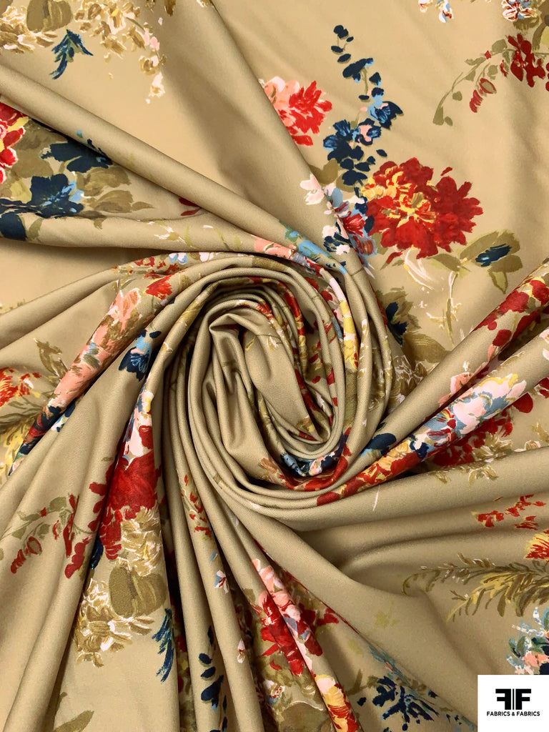 Italian Floral Printed Tricot Knit - Desert Tan/Red/Olive/Light Pink ...