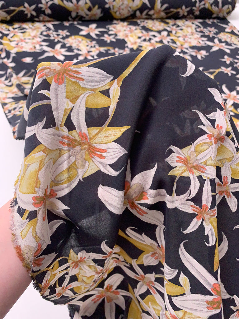 Trailing Floral Printed Stretch Silk Georgette - Black / Mustard ...