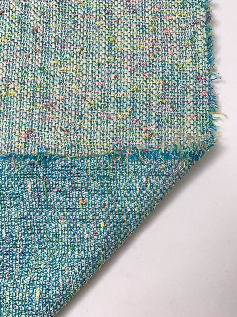 Novelty Wool-Blend Tweed Suiting with Loopy Yarns - Turquoise / Ivory ...