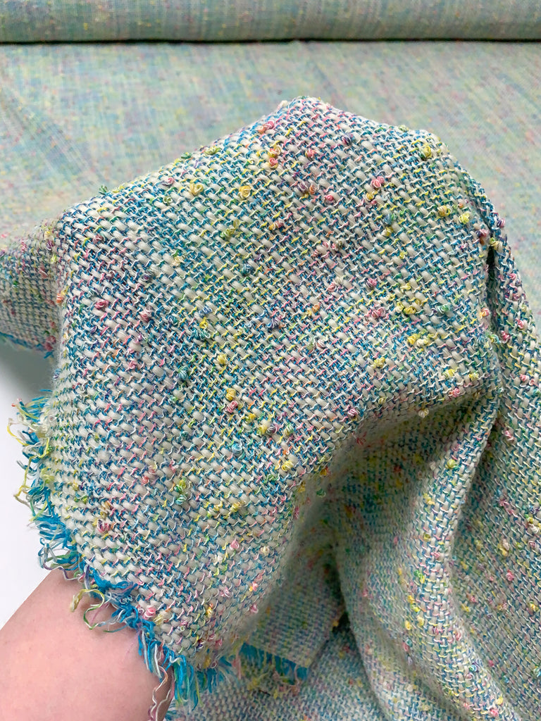 Novelty Wool-Blend Tweed Suiting with Loopy Yarns - Turquoise / Ivory ...