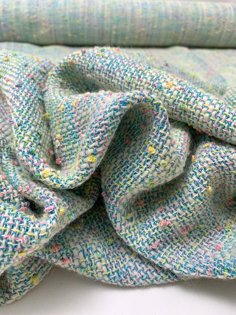 Novelty Wool-Blend Tweed Suiting with Loopy Yarns - Turquoise / Ivory ...