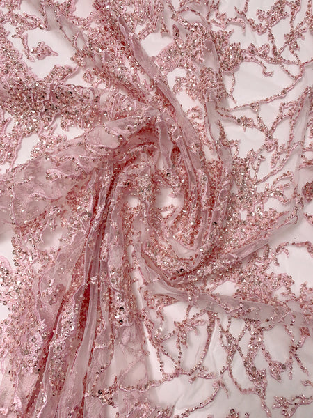 Glam Embroidered Tulle with Beads and Sequins - Soft Pink | FABRICS ...