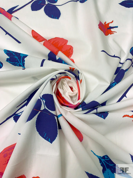 Italian Vibrant Floral Printed Cotton Shirting - Hot Coral/Magenta/Blue ...