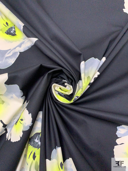 Italian Floral Printed Stretch Cotton Sateen-Twill - Black/Neon Yellow ...