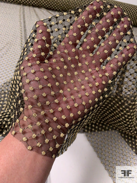 Italian Gold Metallic Dot Web Embroidered Tulle - Gold/Black | FABRICS ...