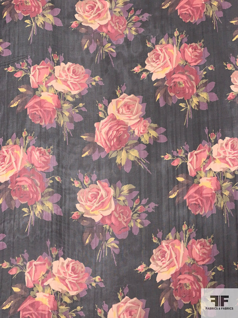 Floral Realism Printed Silk Chiffon - Raspberry/Dusty Purple/Greens ...