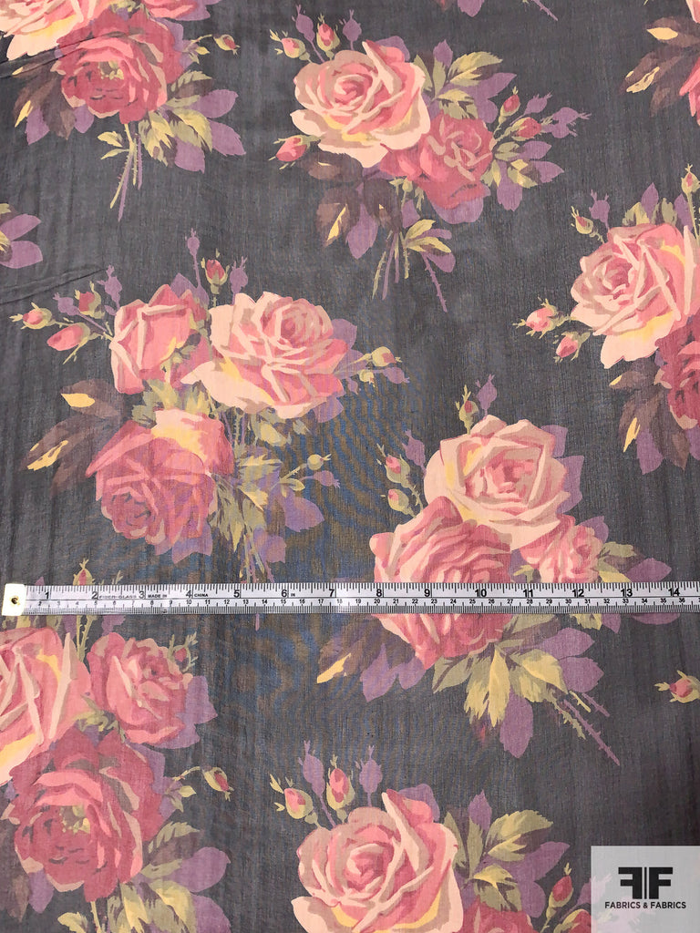 Floral Realism Printed Silk Chiffon - Raspberry/Dusty Purple/Greens ...