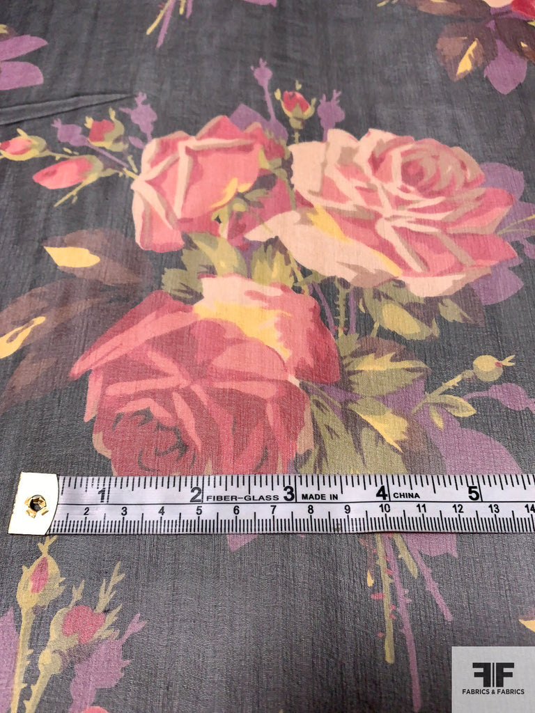 Floral Realism Printed Silk Chiffon - Raspberry/Dusty Purple/Greens ...