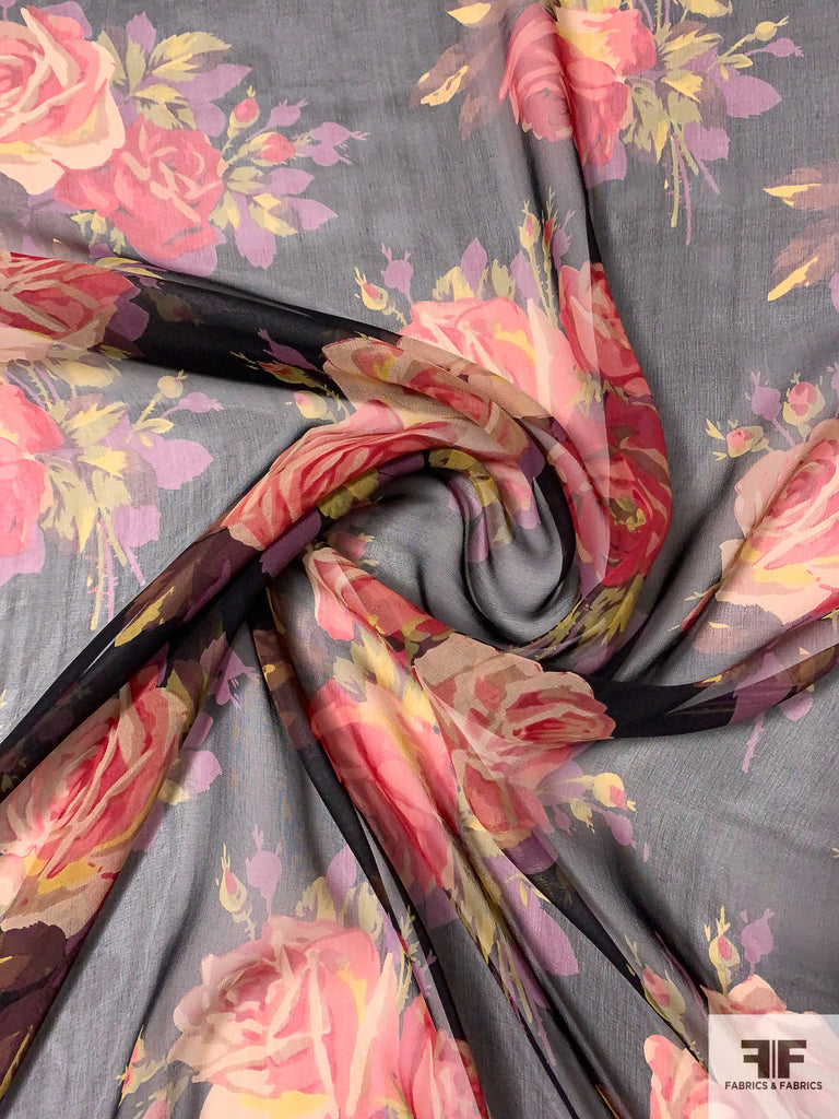 Floral Realism Printed Silk Chiffon - Raspberry/Dusty Purple/Greens ...
