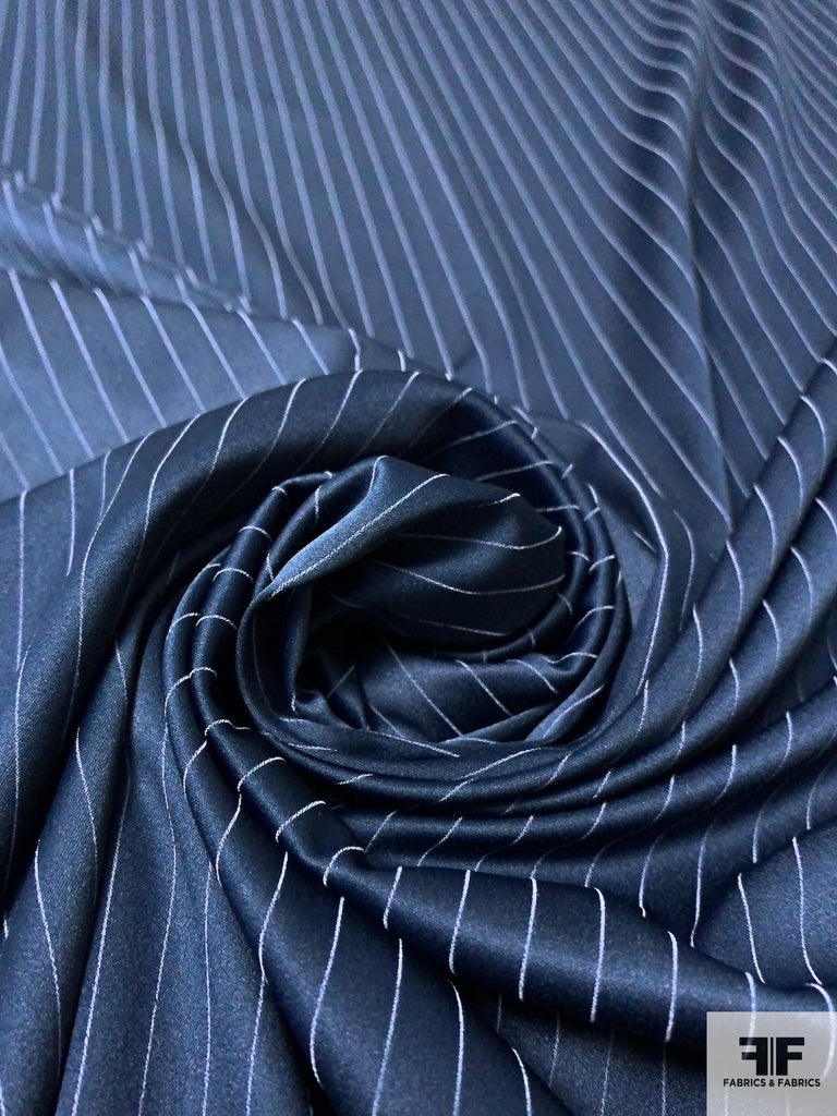 Vertical Pinstriped Satin Striped Stretch Polyester Sateen - Navy/Dove ...