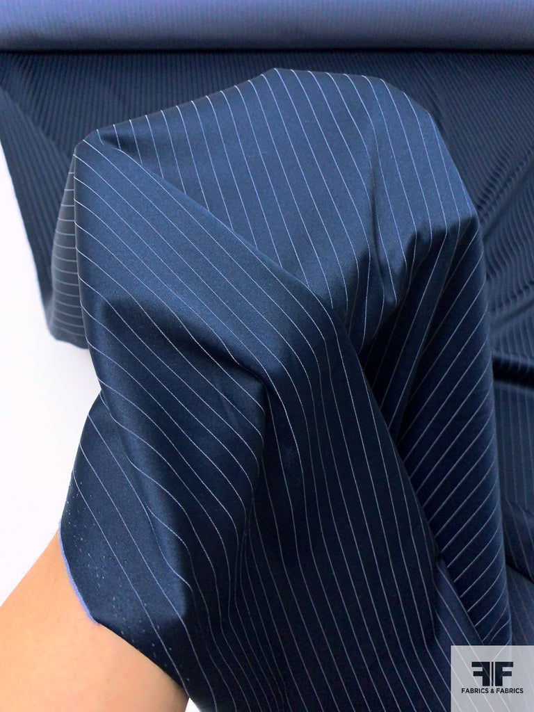 Vertical Pinstriped Satin Striped Stretch Polyester Sateen - Navy/Dove ...