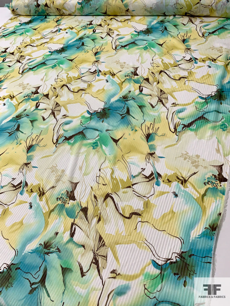 Watercolor Floral Printed Satin Striped Polyester Chiffon - Pastel ...