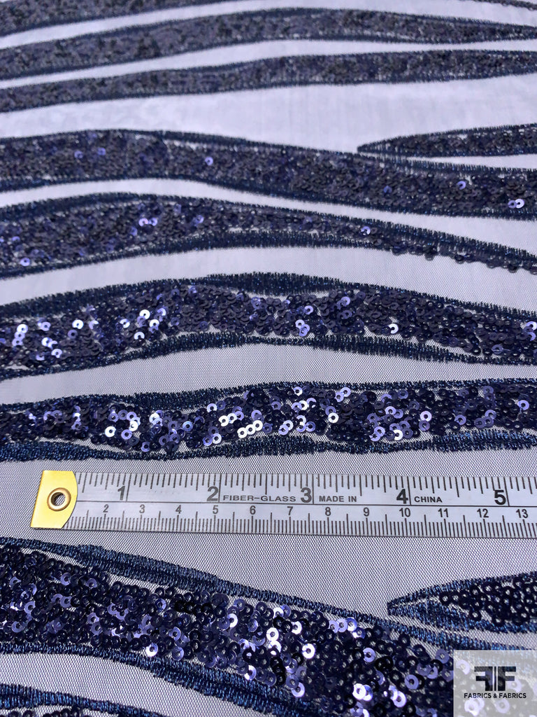 Streaky Pattern Embroidered Tulle with Sequins - Navy | FABRICS ...