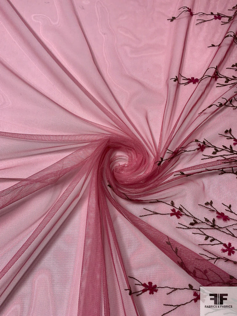 Border Pattern Floral Stems Embroidered Tulle - Dusty Cherry/Moss Green ...