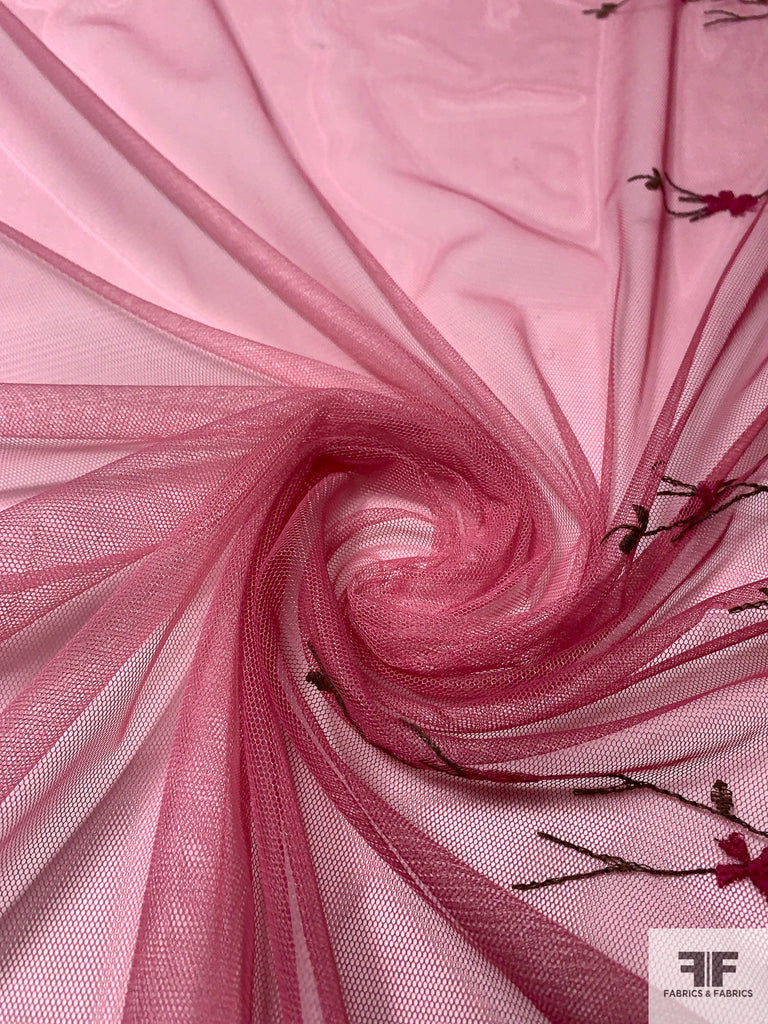 Border Pattern Floral Stems Embroidered Tulle - Dusty Cherry/Moss Green ...