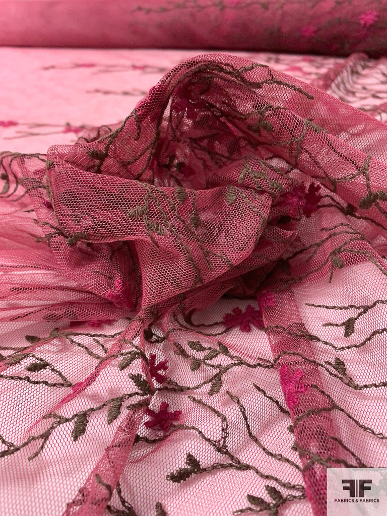 Border Pattern Floral Stems Embroidered Tulle - Dusty Cherry/Moss Green ...
