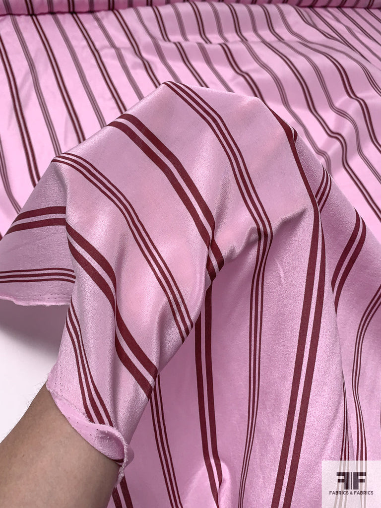 Vertical Striped Printed Silk Crepe de Chine - Pink/Maroon | FABRICS ...