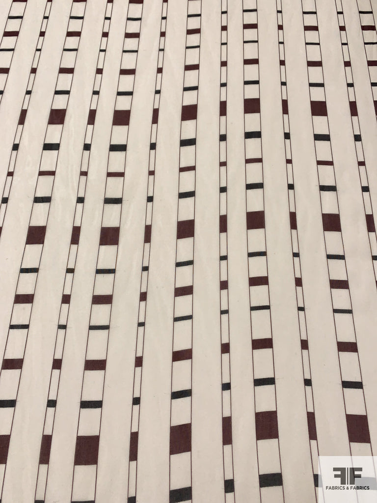Italian Geometric Railroad Striped Printed Silk Chiffon - Ivory/Wine ...