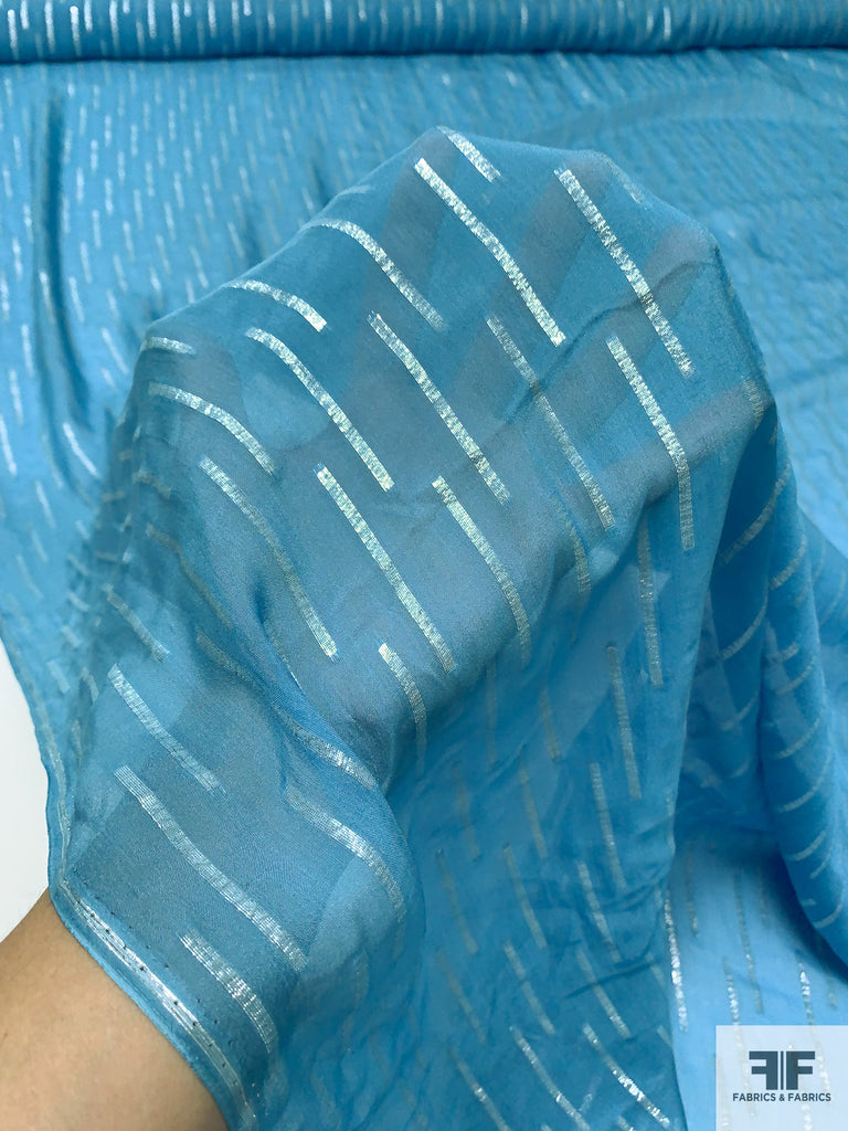 Dashed Lines Metallic Silk Chiffon - Oceanic Blue | FABRICS & FABRICS ...