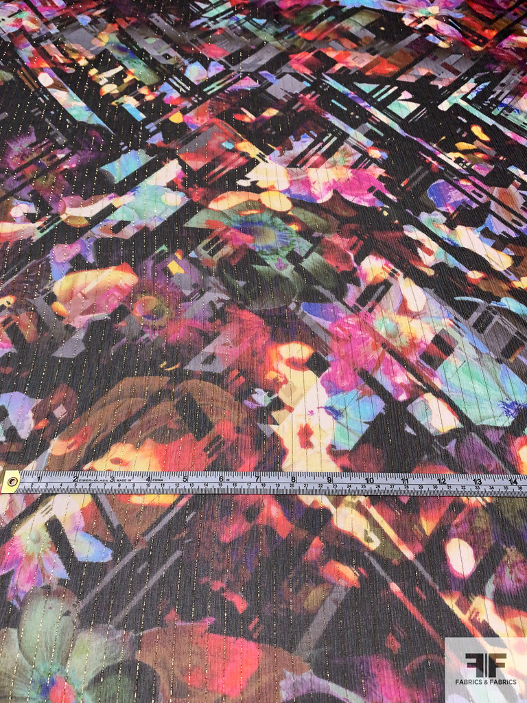 Exotic Floral Printed Crinkled Silk Chiffon with Gold Lurex Pinstripes ...