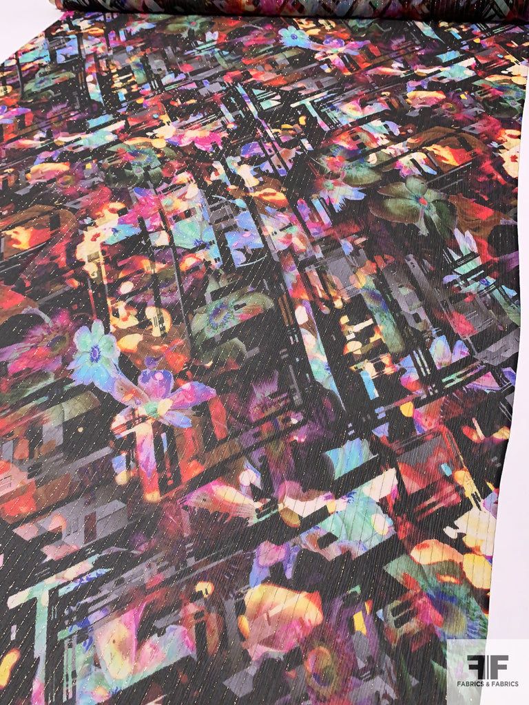 Exotic Floral Printed Crinkled Silk Chiffon with Gold Lurex Pinstripes ...