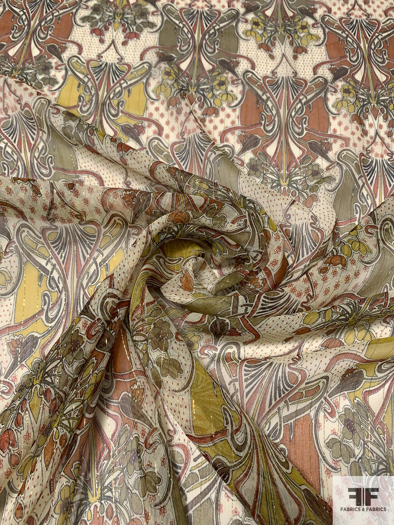 Exotic Printed Silk Chiffon with Gold Lurex Pinstripes - Olive Green ...