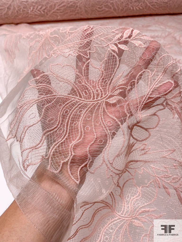 Leaf Pattern Embroidered Tulle - Dusty Pink | FABRICS & FABRICS ...