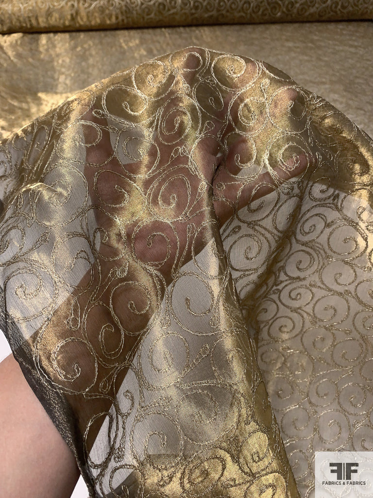 Metallic Organza with Swirl Metallic Thread Embroidery - Brass/Gold ...