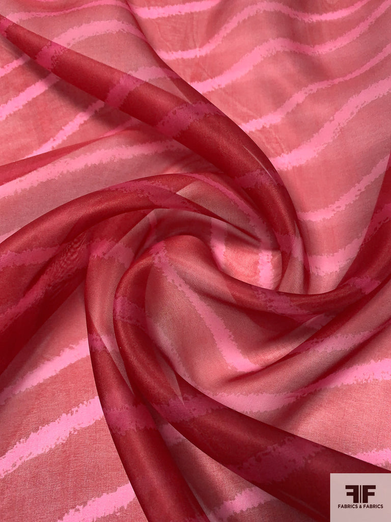 Diagonal Striped Spray Painted-Look Printed Silk Organza - Red/Magenta ...