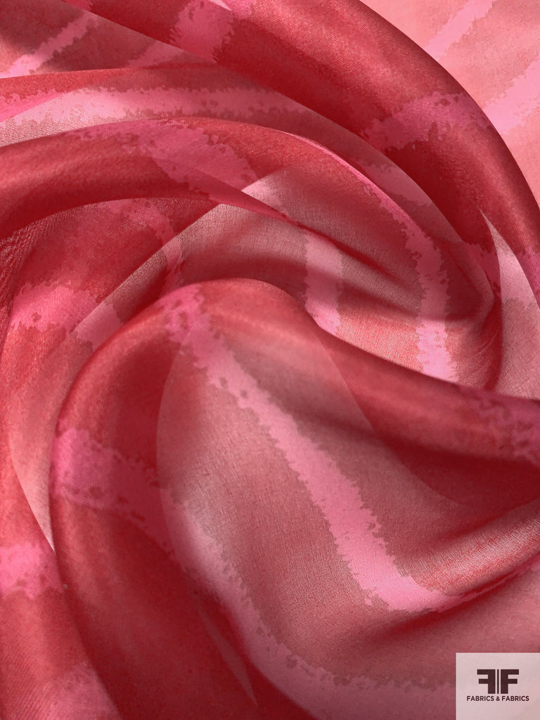 Diagonal Striped Spray Painted-Look Printed Silk Organza - Red/Magenta ...