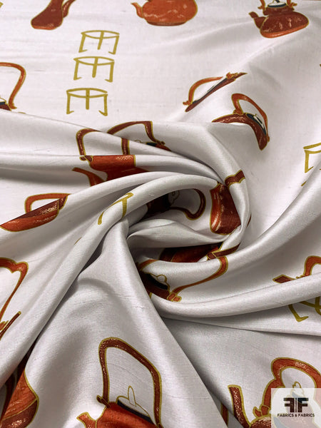 Tea Kettles Printed Silk Shantung - Light Grey/Brick/Olive | FABRICS ...