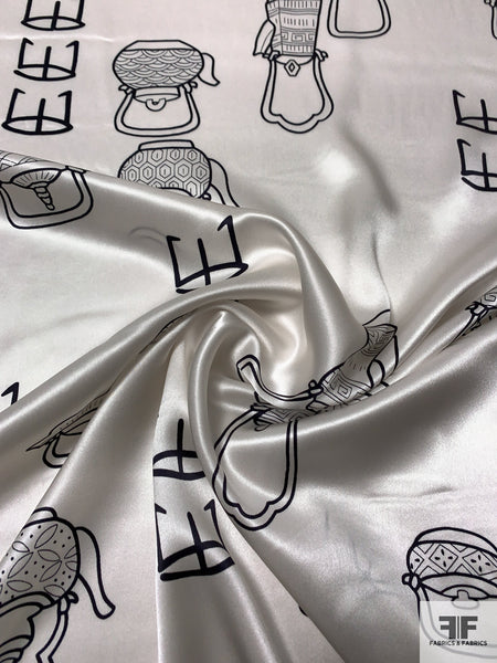 Tea Kettles Printed Silk Charmeuse - Light Ivory/Black | FABRICS ...