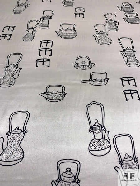 Tea Kettles Printed Silk Charmeuse - Light Ivory/Black | FABRICS ...