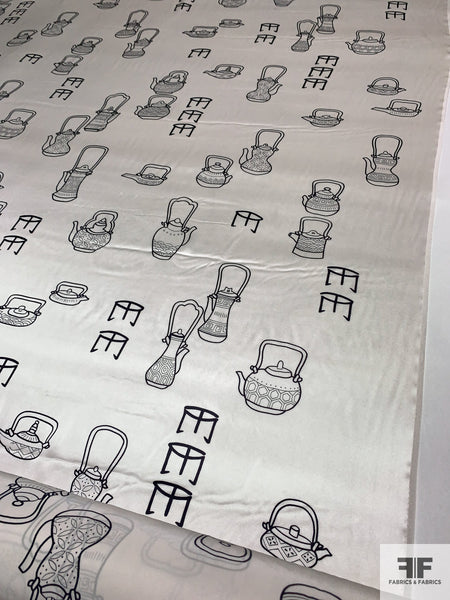 Tea Kettles Printed Silk Charmeuse - Light Ivory/Black | FABRICS ...