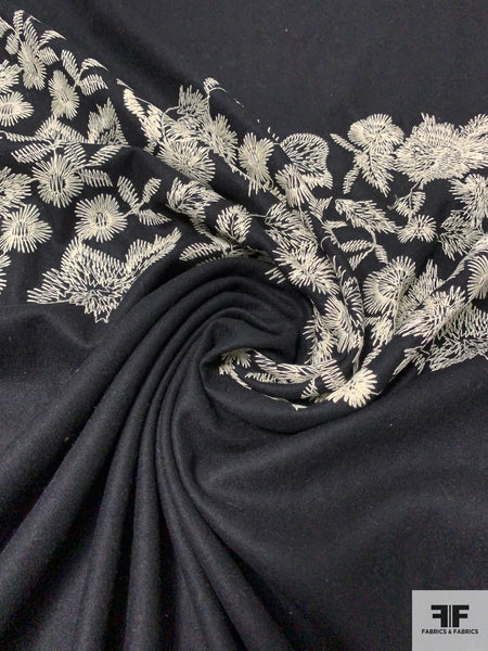 Italian Floral Embroidered Wool Flannel Panel - Black / Ivory | FABRICS ...