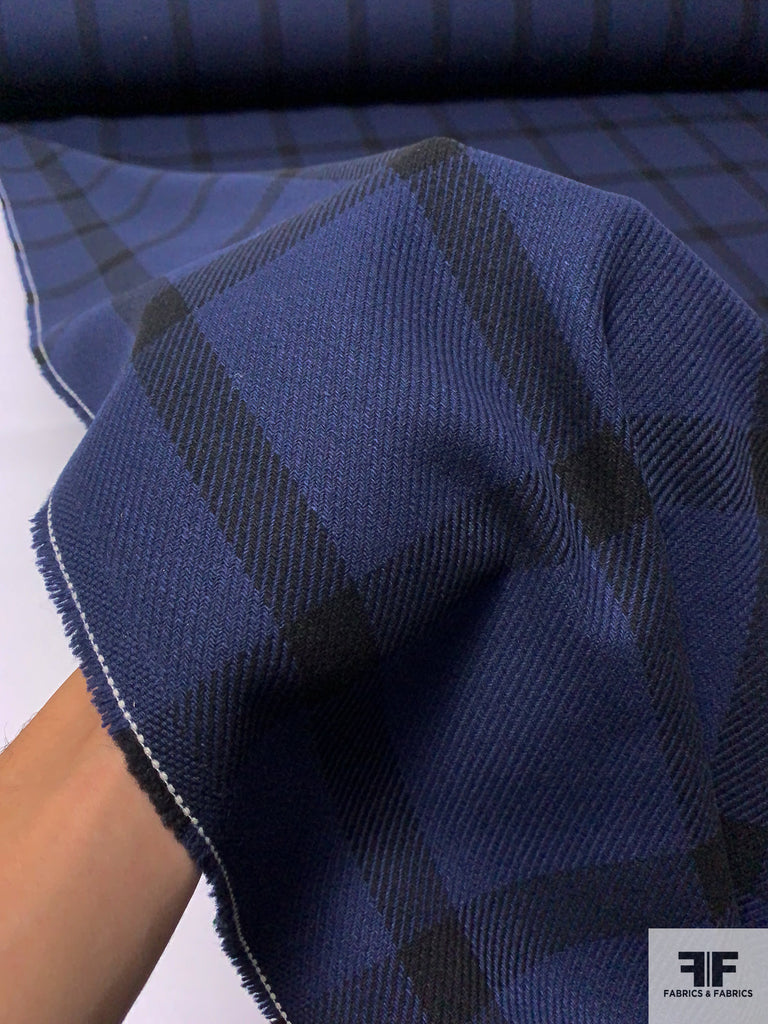 Windowpane Plaid Twill Weave Wool Blend Jacket Weight - Navy/Black ...